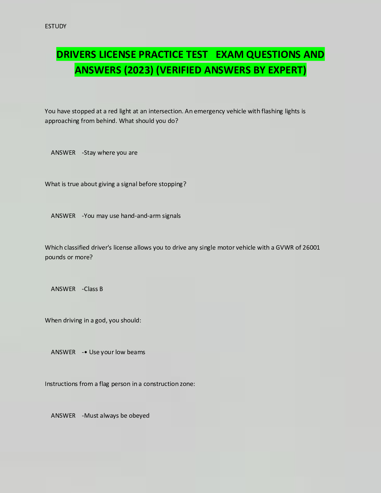 Drivers License Practice Test 100% Correct - Scholarfriends