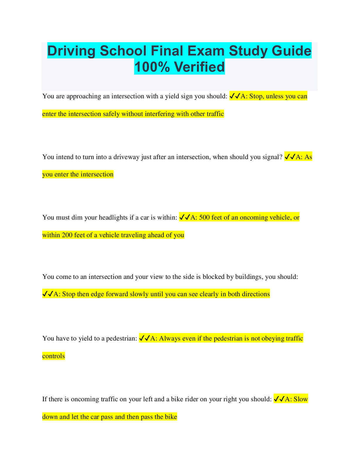 Driving School Final Exam Study Guide 100% Verified - Scholarfriends