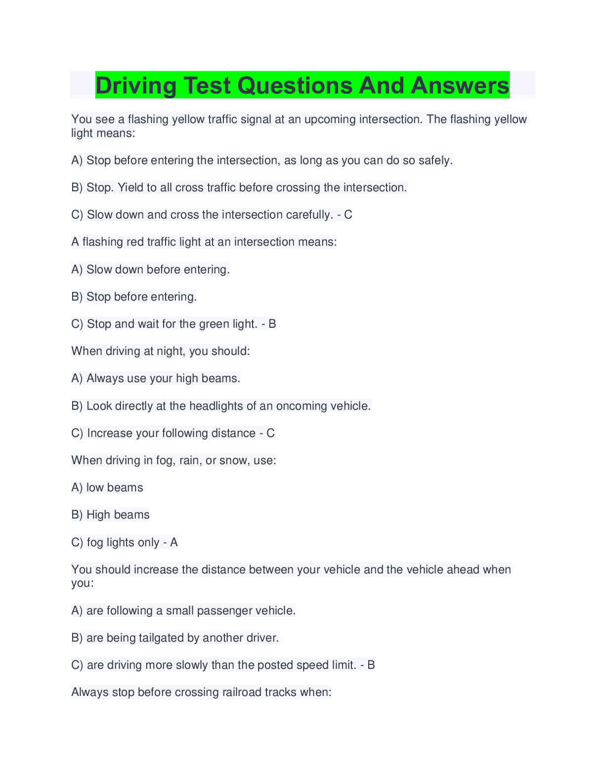 Driving Test Questions And Answers/ Downloads - Scholarfriends