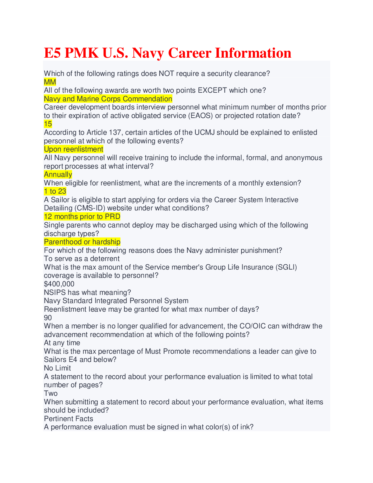 E5 PMK U.S. Navy Career Information Questions And Answers Latest Update ...