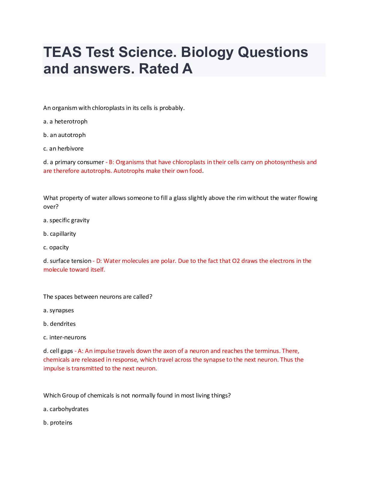 TEAS Test Science. Biology Questions and answers. Rated A - Scholarfriends