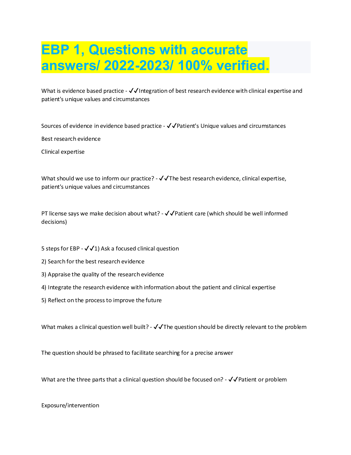 EBP 1, Questions with accurate answers/ 2022-2023/ 100% verified ...