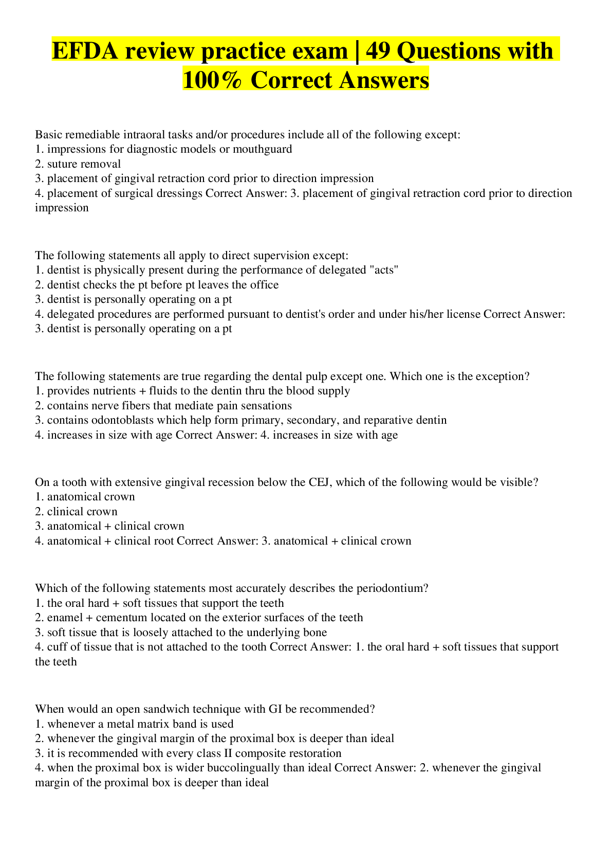 EFDA review practice exam | 49 Questions with 100% Correct Answers ...