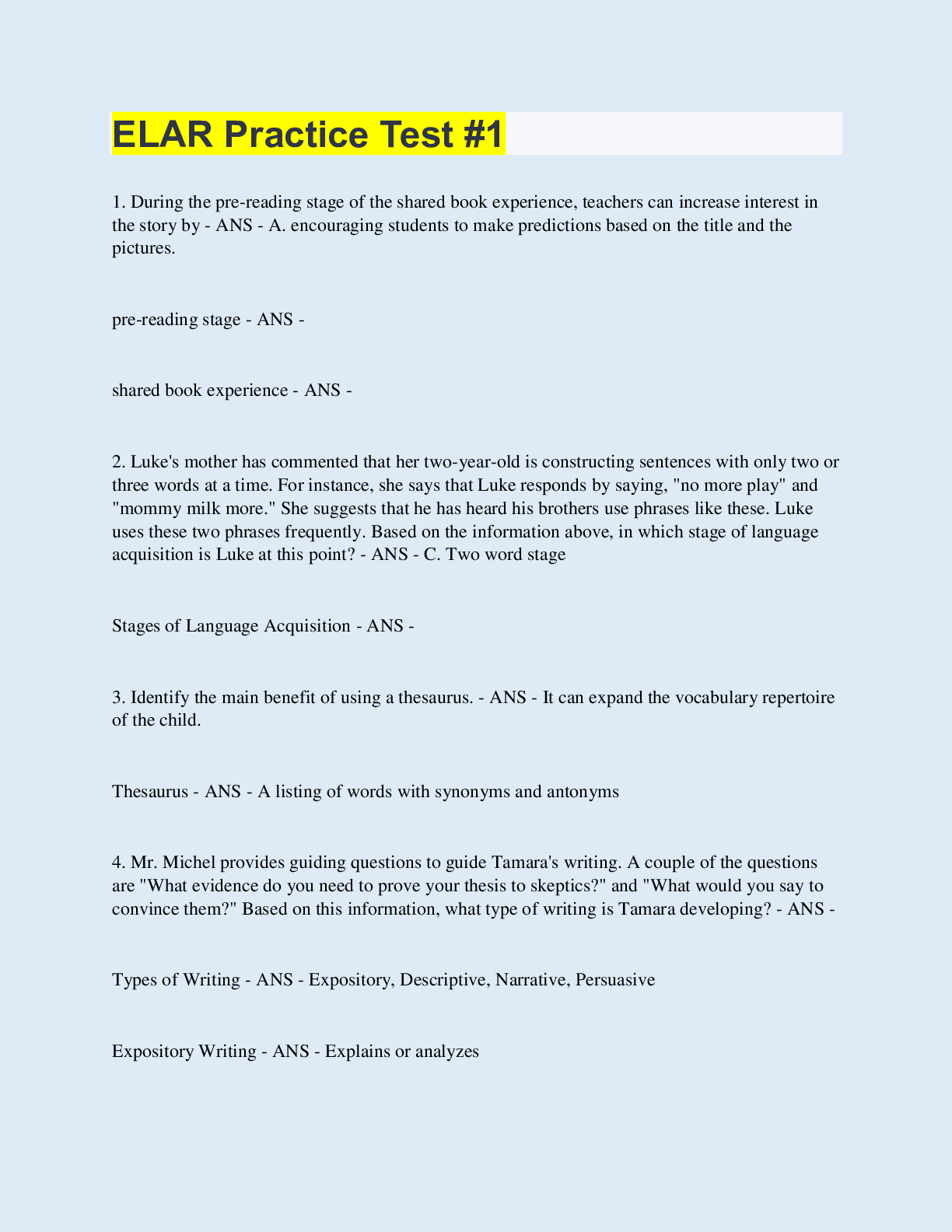 ELAR Practice Test #1 | 60 Questions with 100% Correct Answers ...