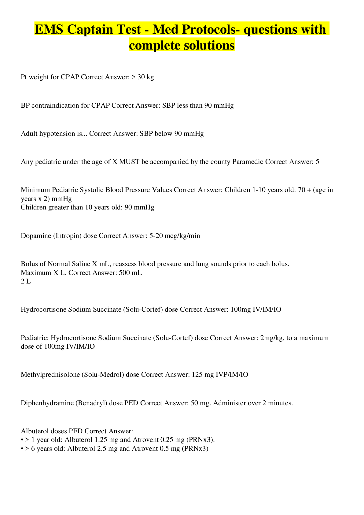 EMS Captain Test - Med Protocols- questions with complete solutions ...