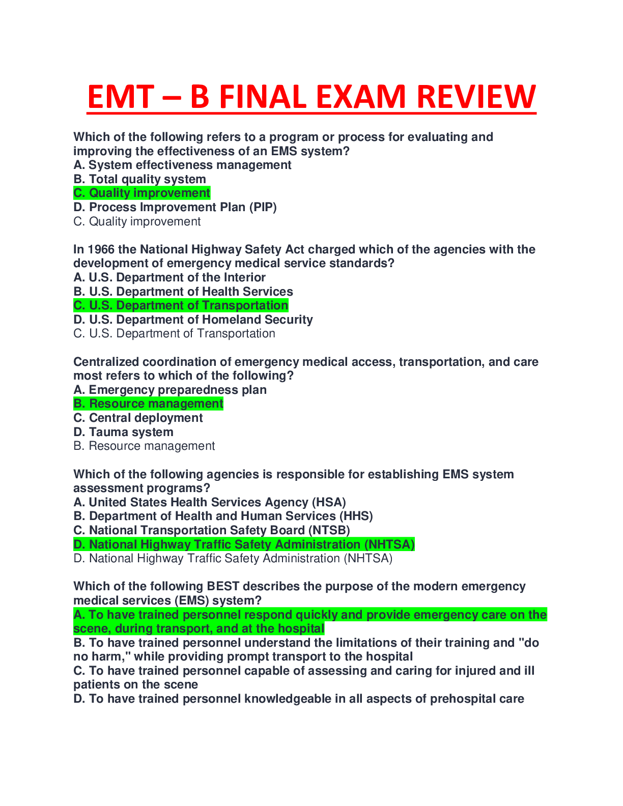 EMT - B FINAL EXAM LATEST GUIDE 2023 SPRING\FALL SERIES MULTIPLE ...