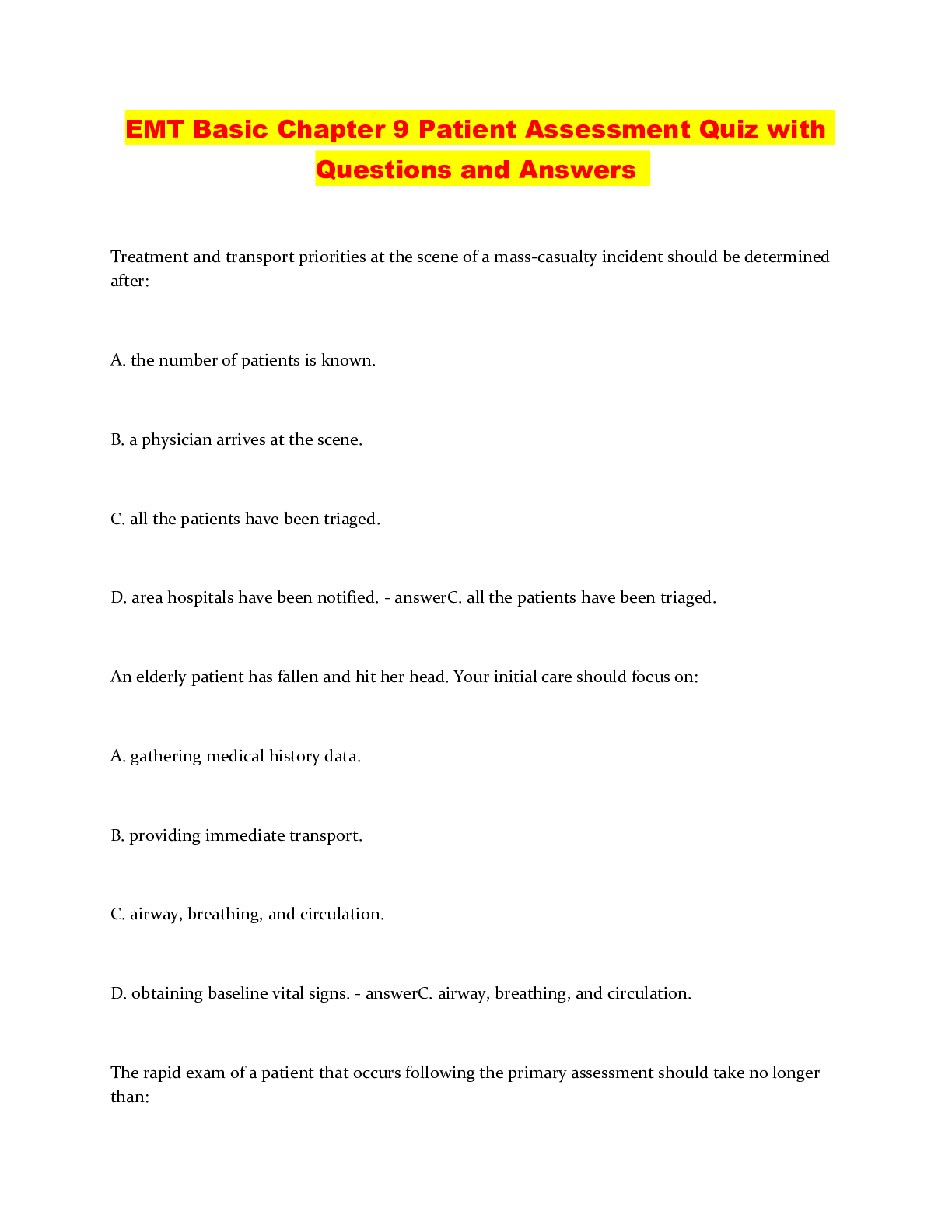 EMT Basic Chapter 9 Patient Assessment Quiz with Questions and Answers ...