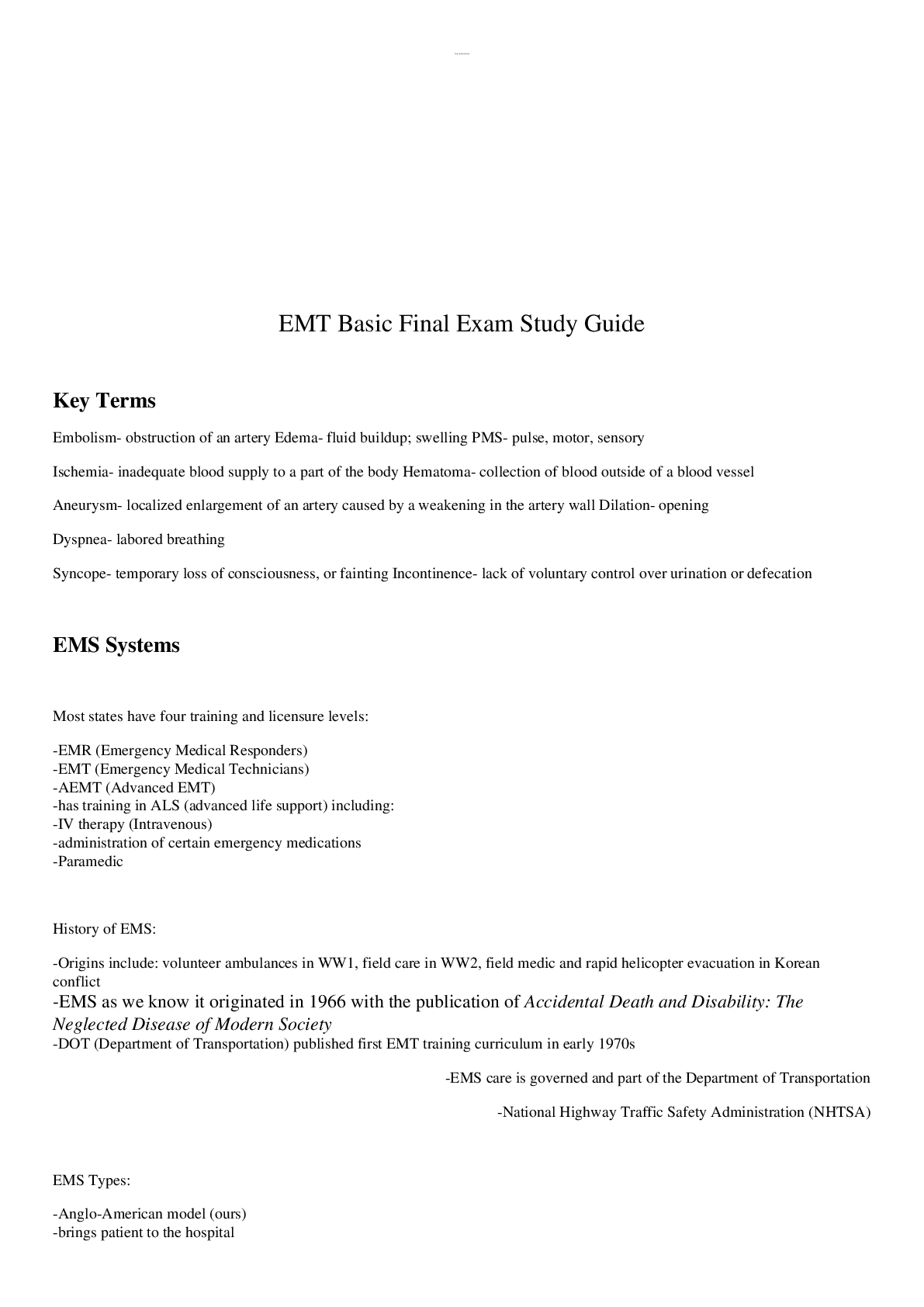 EMT Basic Final Exam Study Guide - Scholarfriends