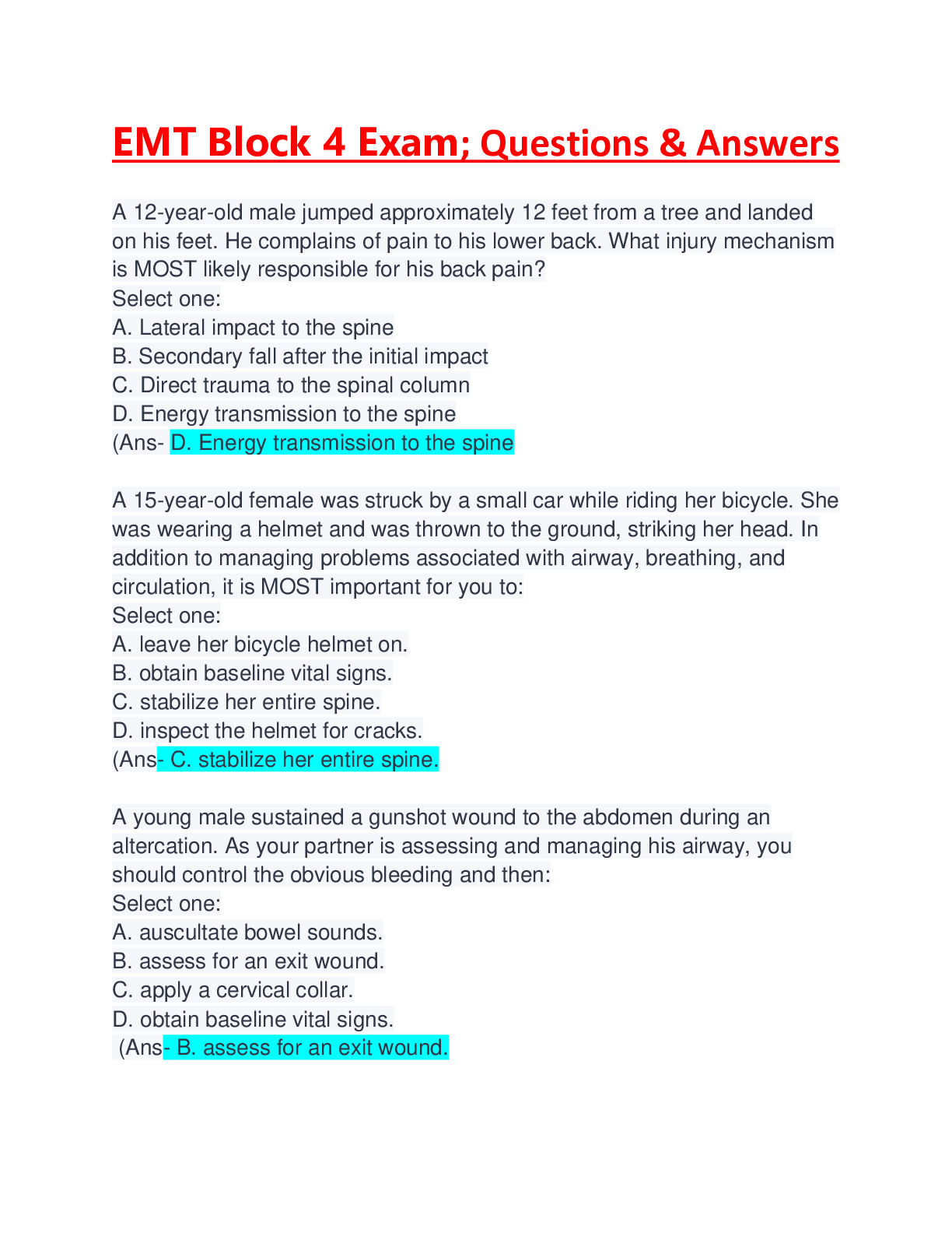 EMT Block 4 Exam; Questions & Answers; Latest Updated; A +Score ...