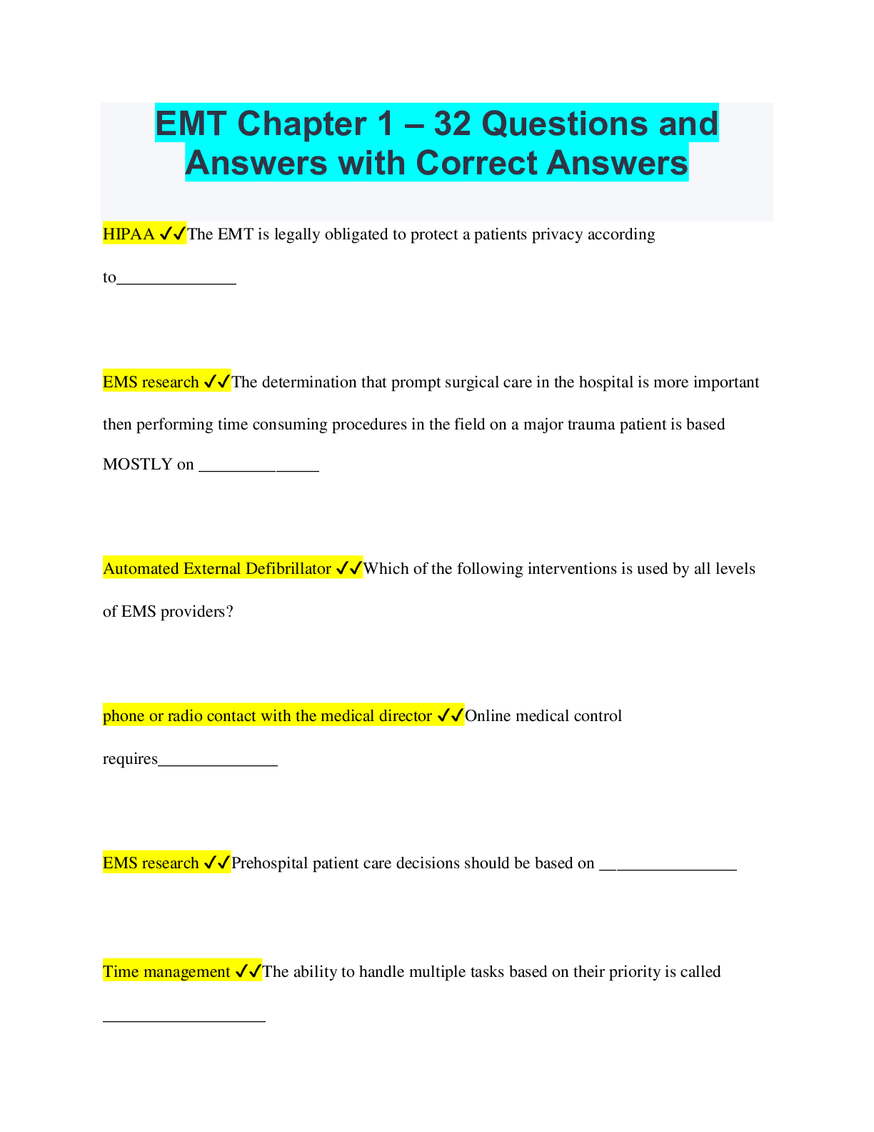 EMT Chapter 1: Intro to Emergency Medical Care Questions and Answers ...