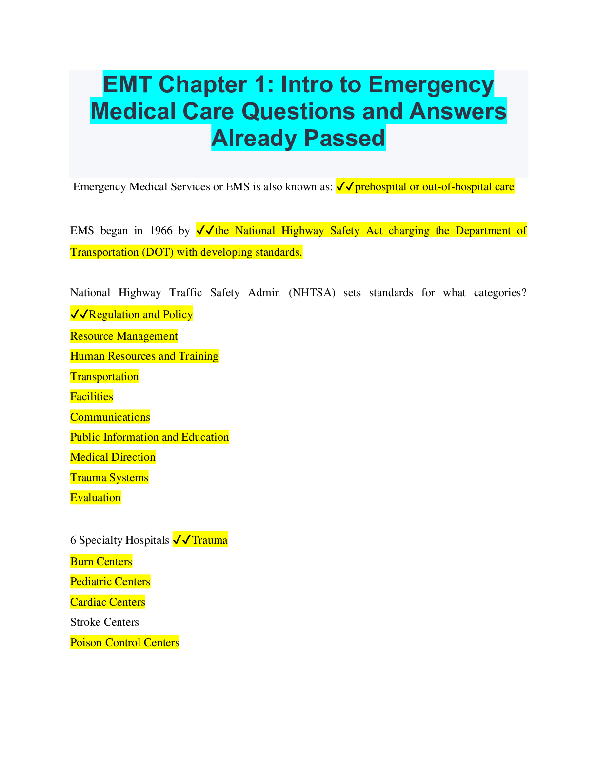 EMT Chapter 1: Intro to Emergency Medical Care Questions and Answers ...