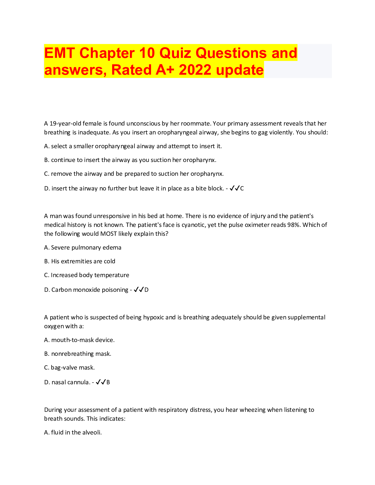 EMT Chapter 10 Quiz Questions and answers, Rated A+ 2022 update ...