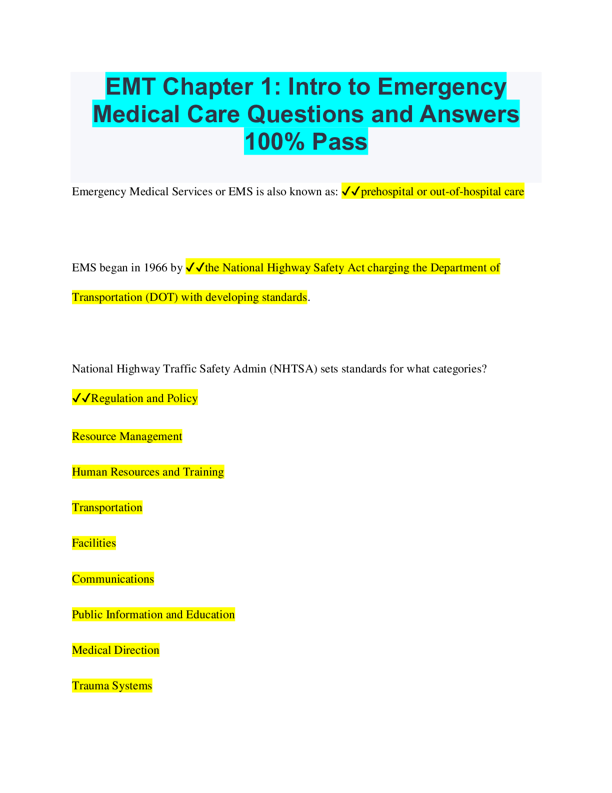 EMT Chapter 1: Intro to Emergency Medical Care Questions and Answers ...