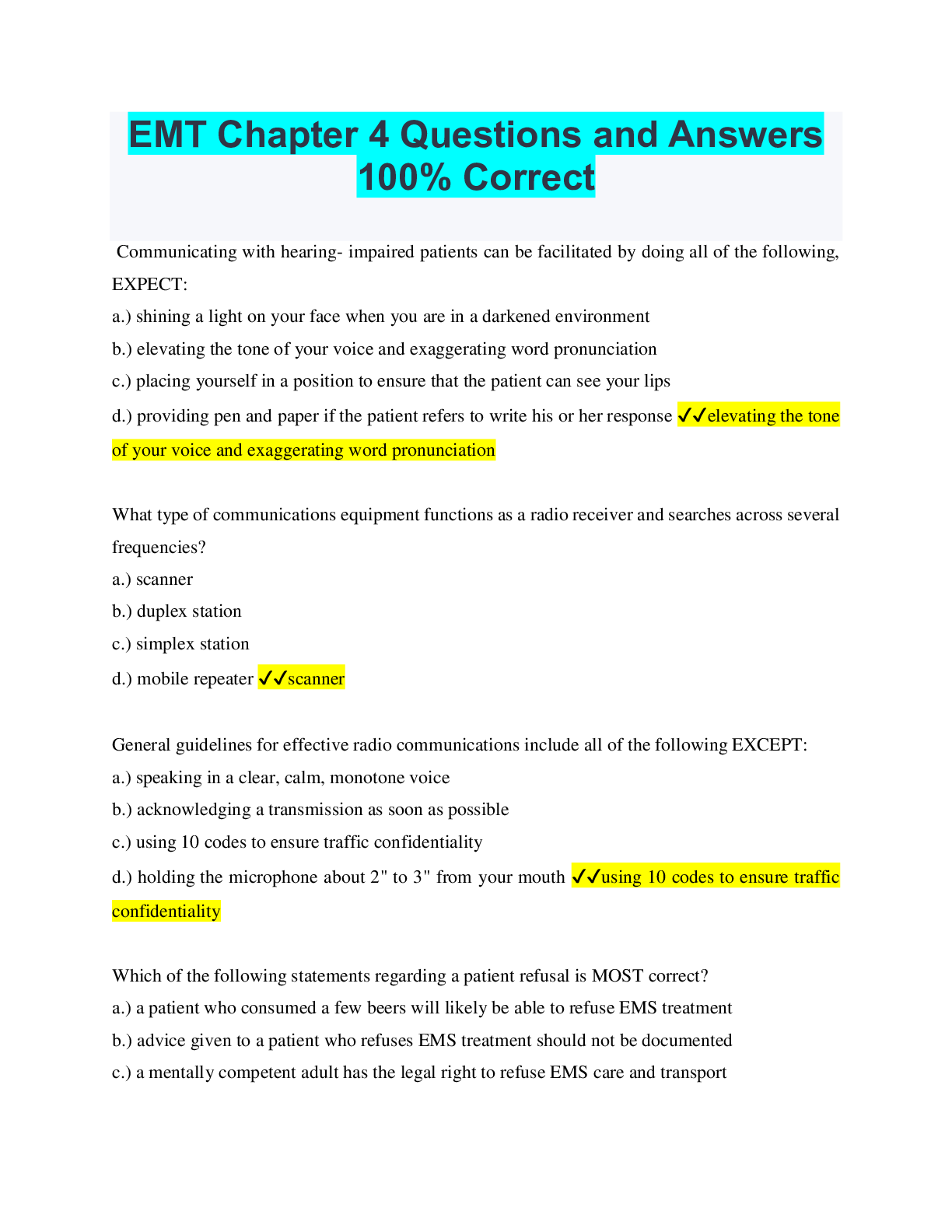 EMT Chapter 4 Questions and Answers 100% Correct - Scholarfriends