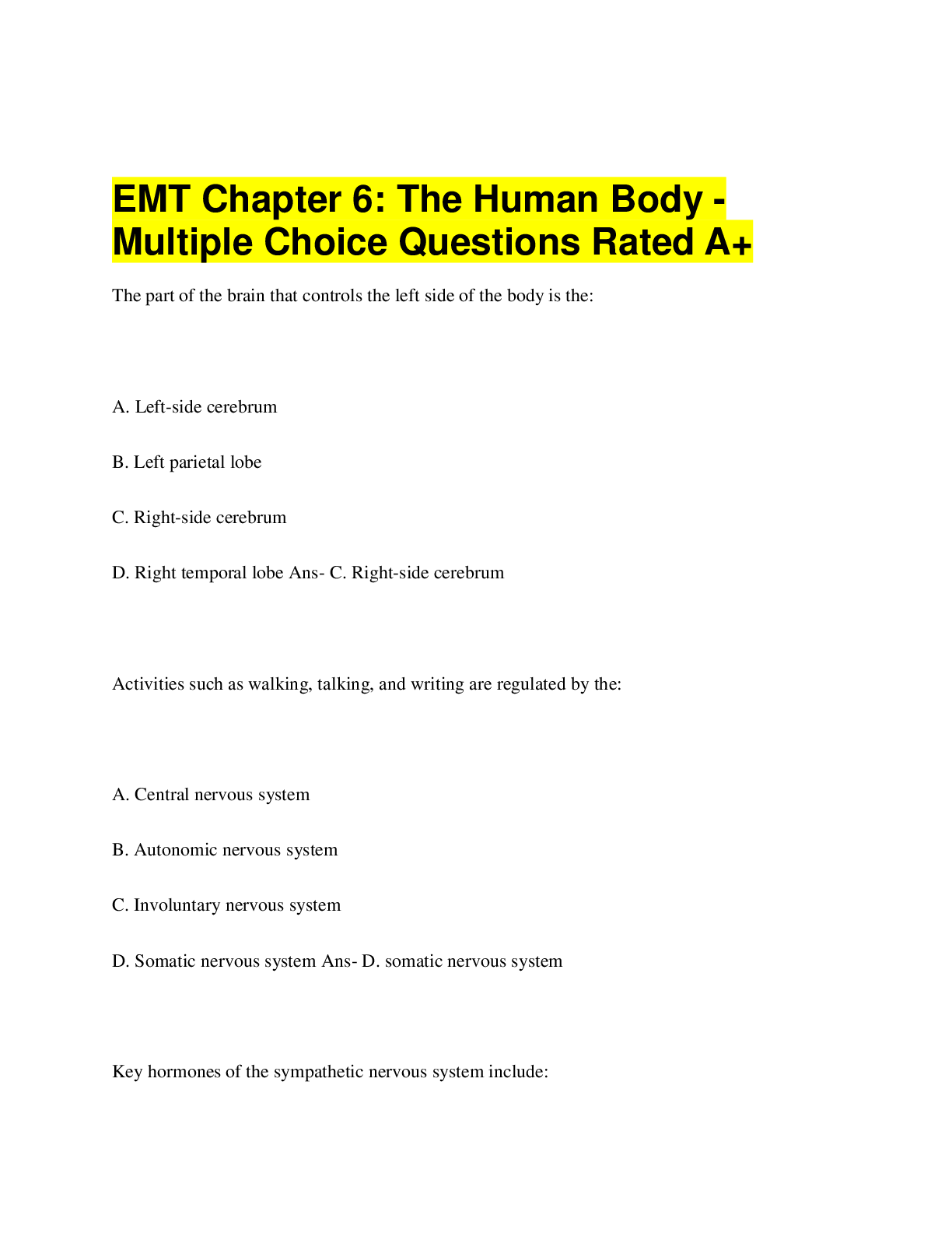 EMT Chapter 6: The Human Body - Multiple Choice Questions Rated A+ ...