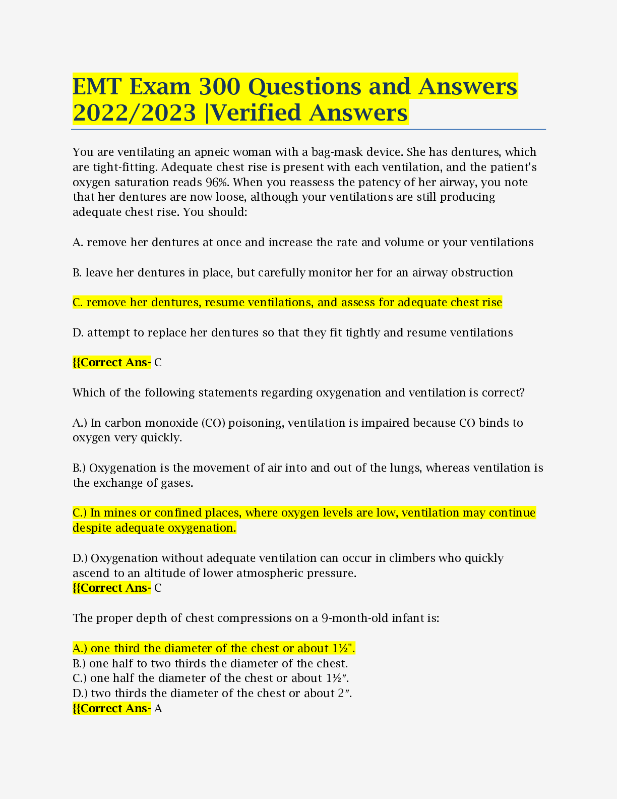 EMT Exam 300 Questions and Answers 2022/2023 |Verified Answers ...