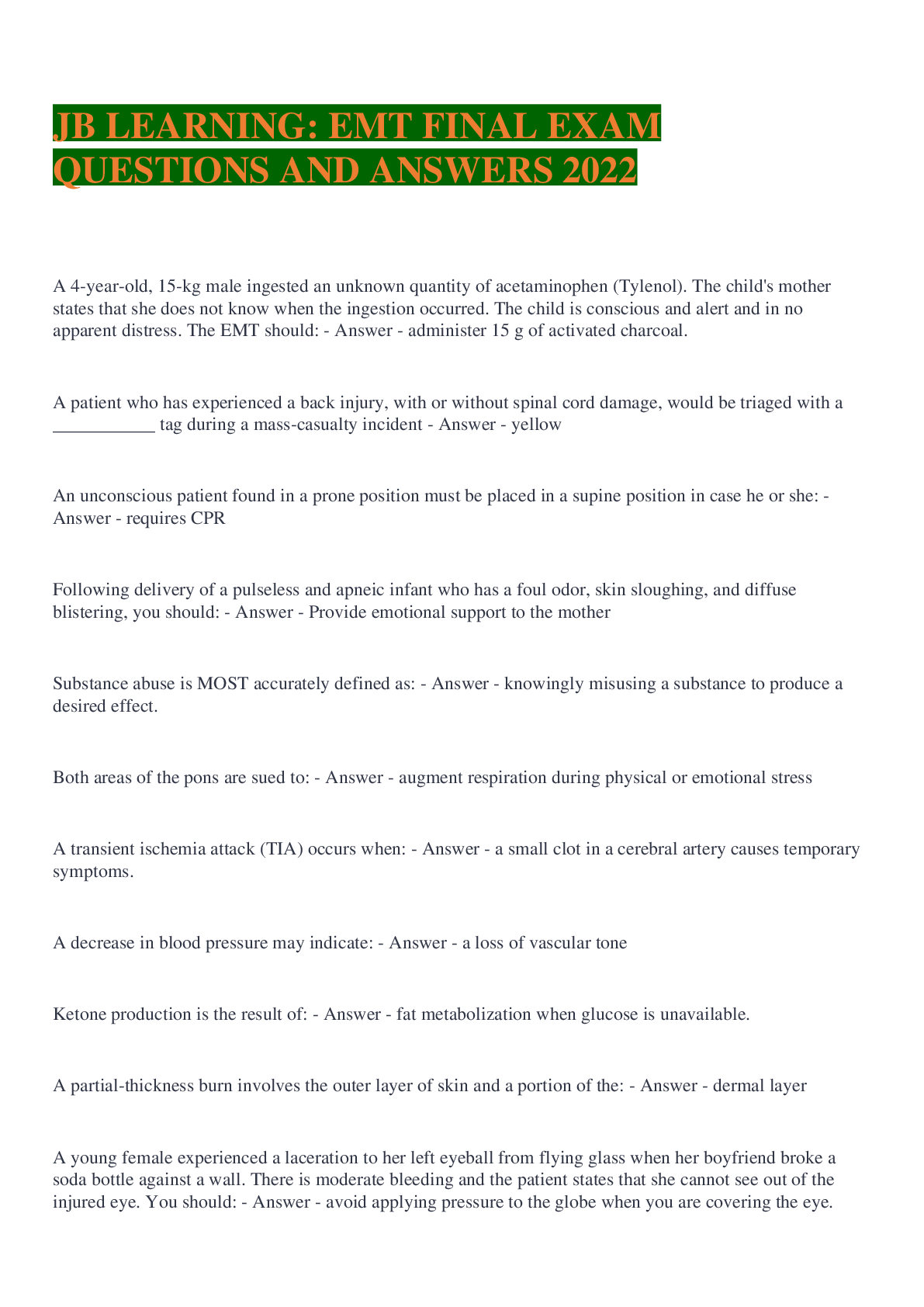 EMT Final Exam/Questions & Answers/ Latest 2022/ Guaranteed A+ ...