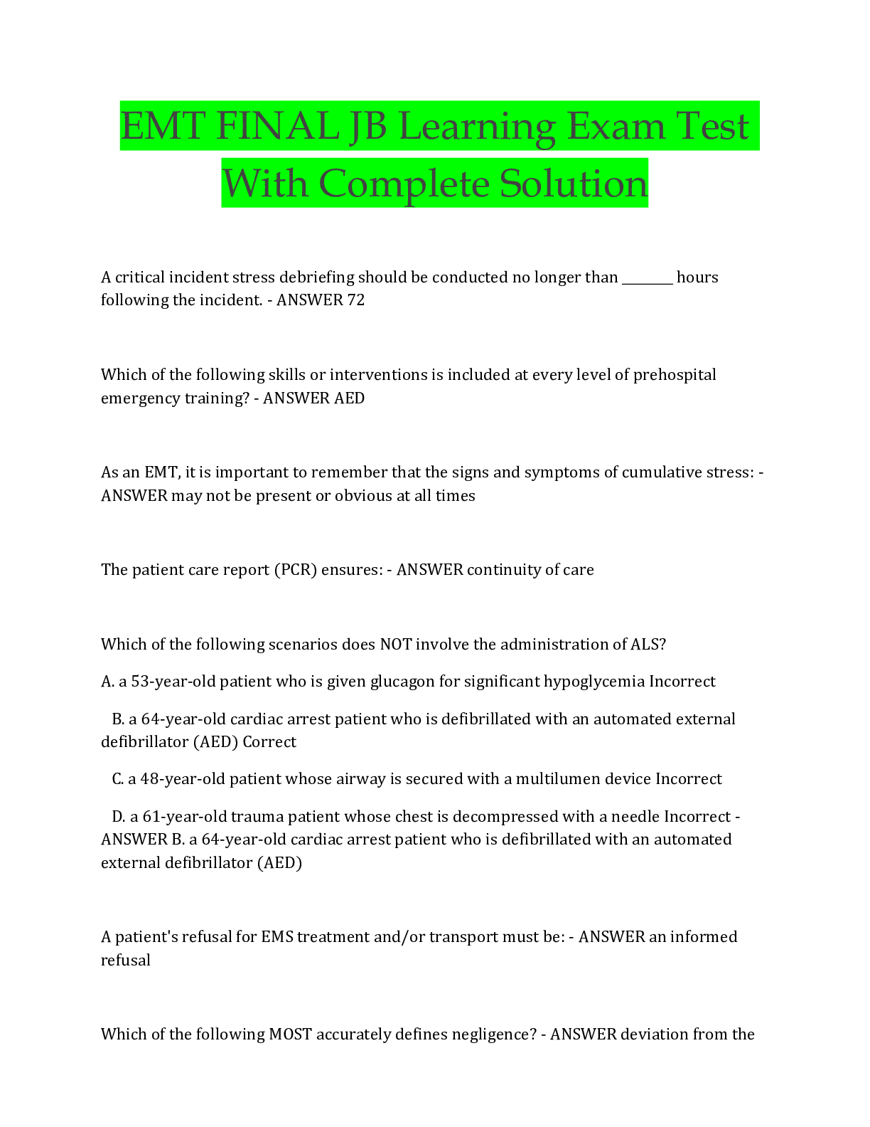 EMT JB Learning Tests With Complete Solution - Scholarfriends