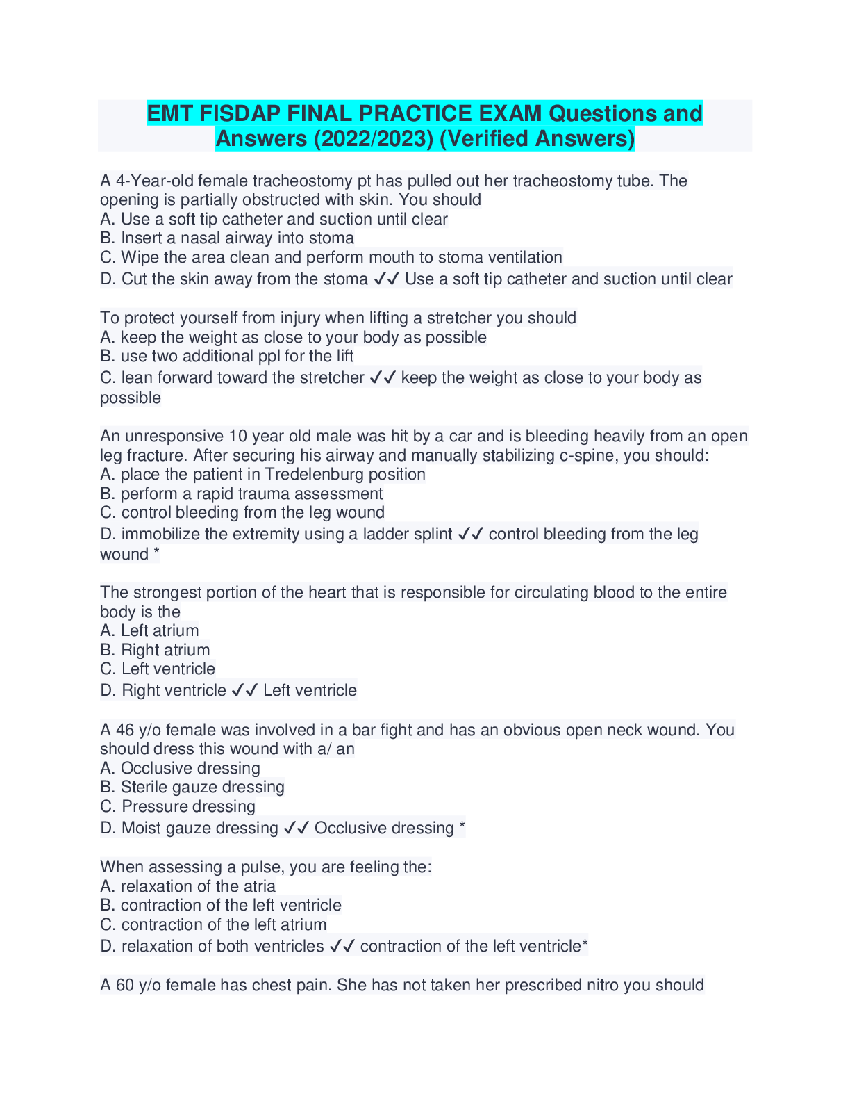 EMT FISDAP FINAL PRACTICE EXAM Questions and Answers (2022/2023 ...