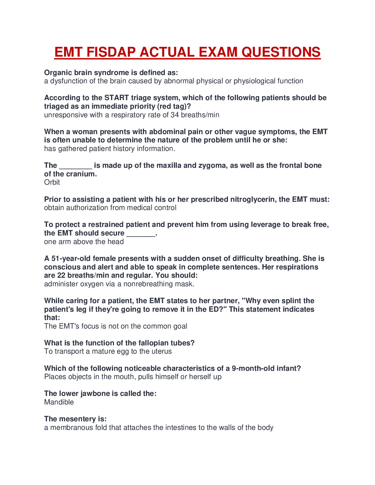 EMT FISDAP FINAL Questions And Answers 2022 - Scholarfriends