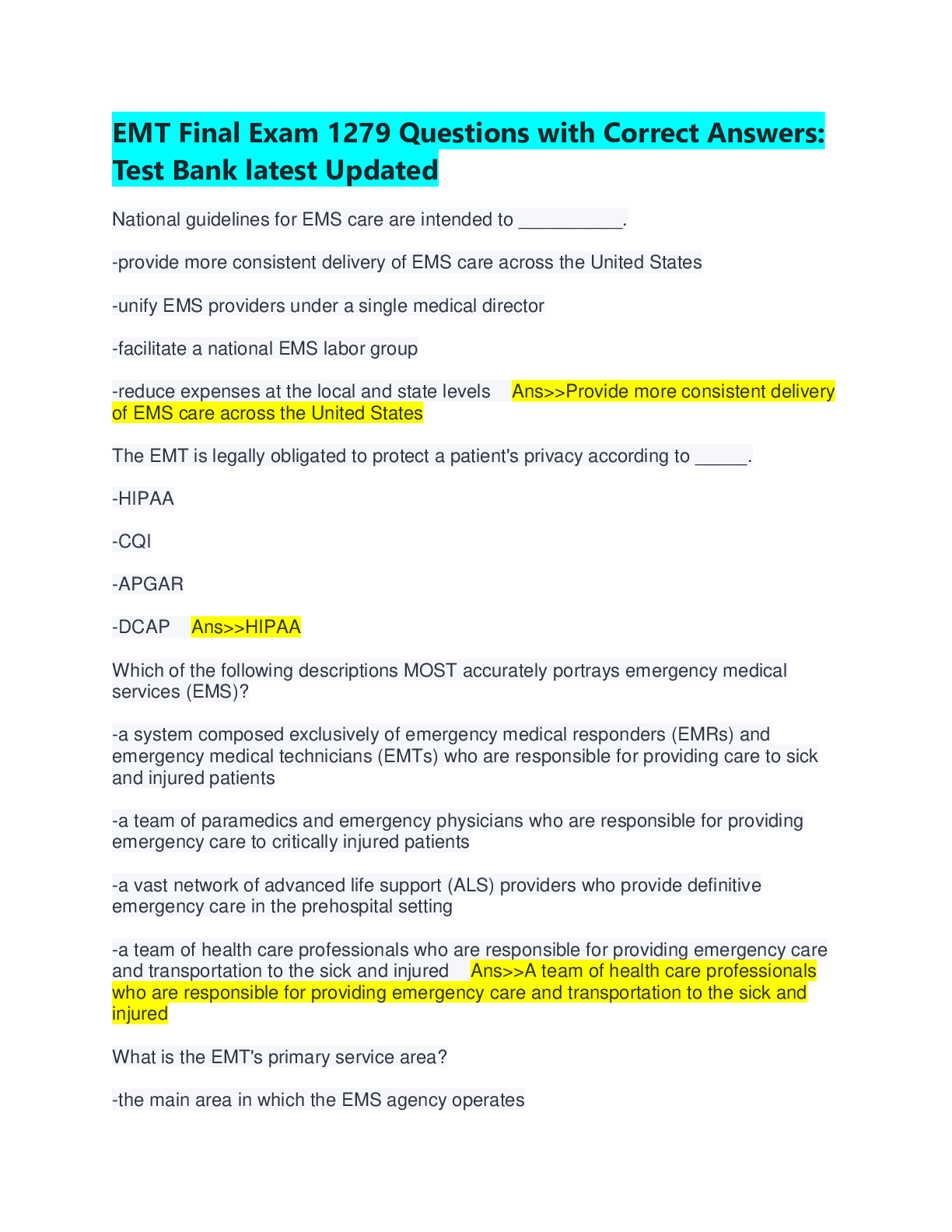 EMT Final Exam 1279 Questions with Correct Answers: Test Bank latest ...