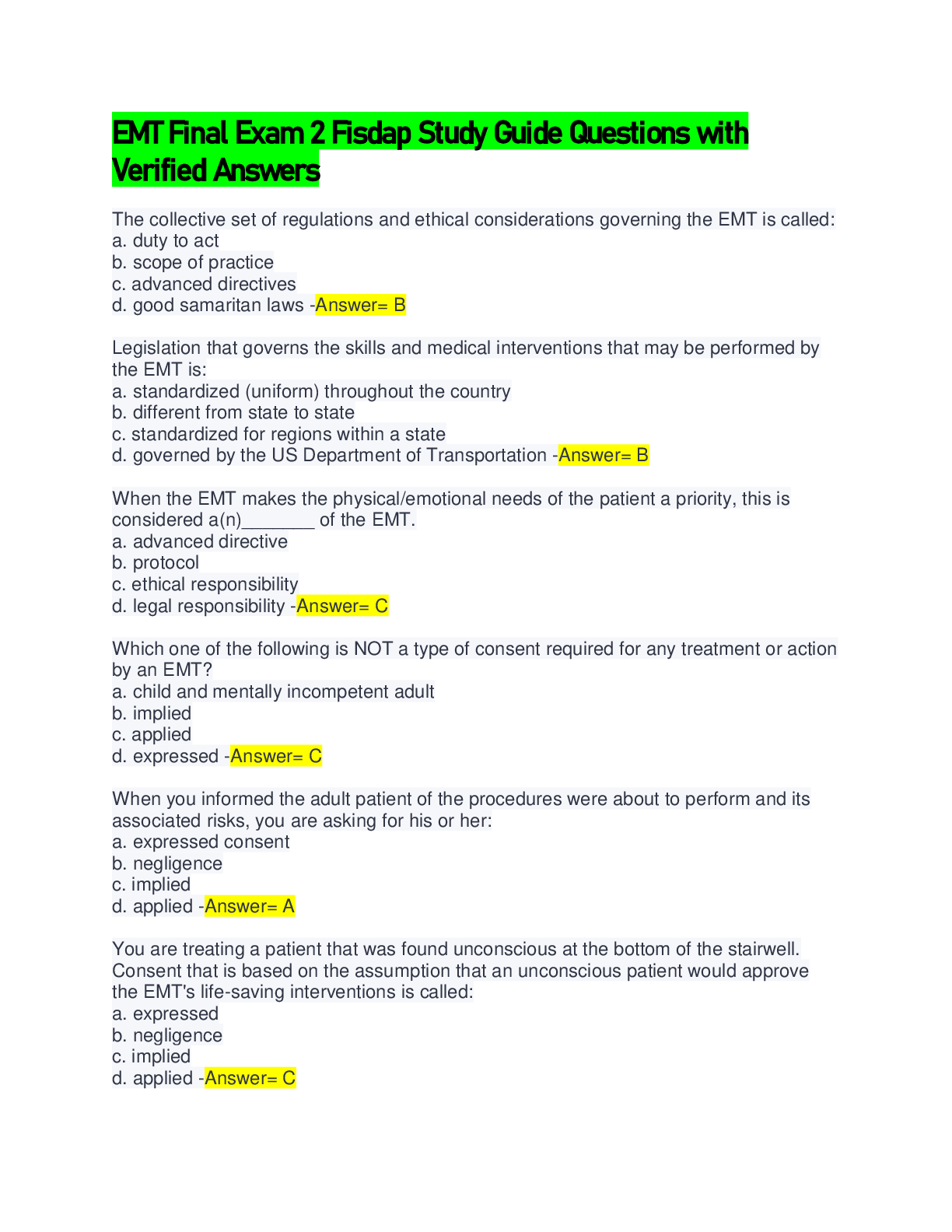 EMT Final Exam 4 Fisdap Questions with Verified Answers - Scholarfriends