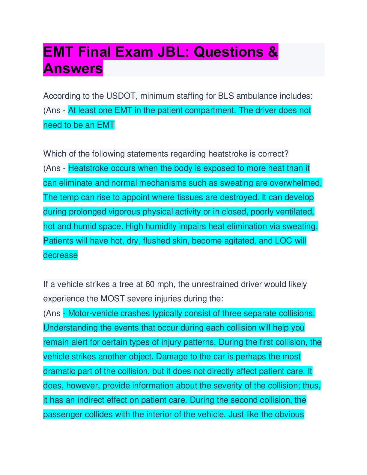 EMT Final Exam JBL: Questions & Answers; Latest Updated: A+ Guide ...