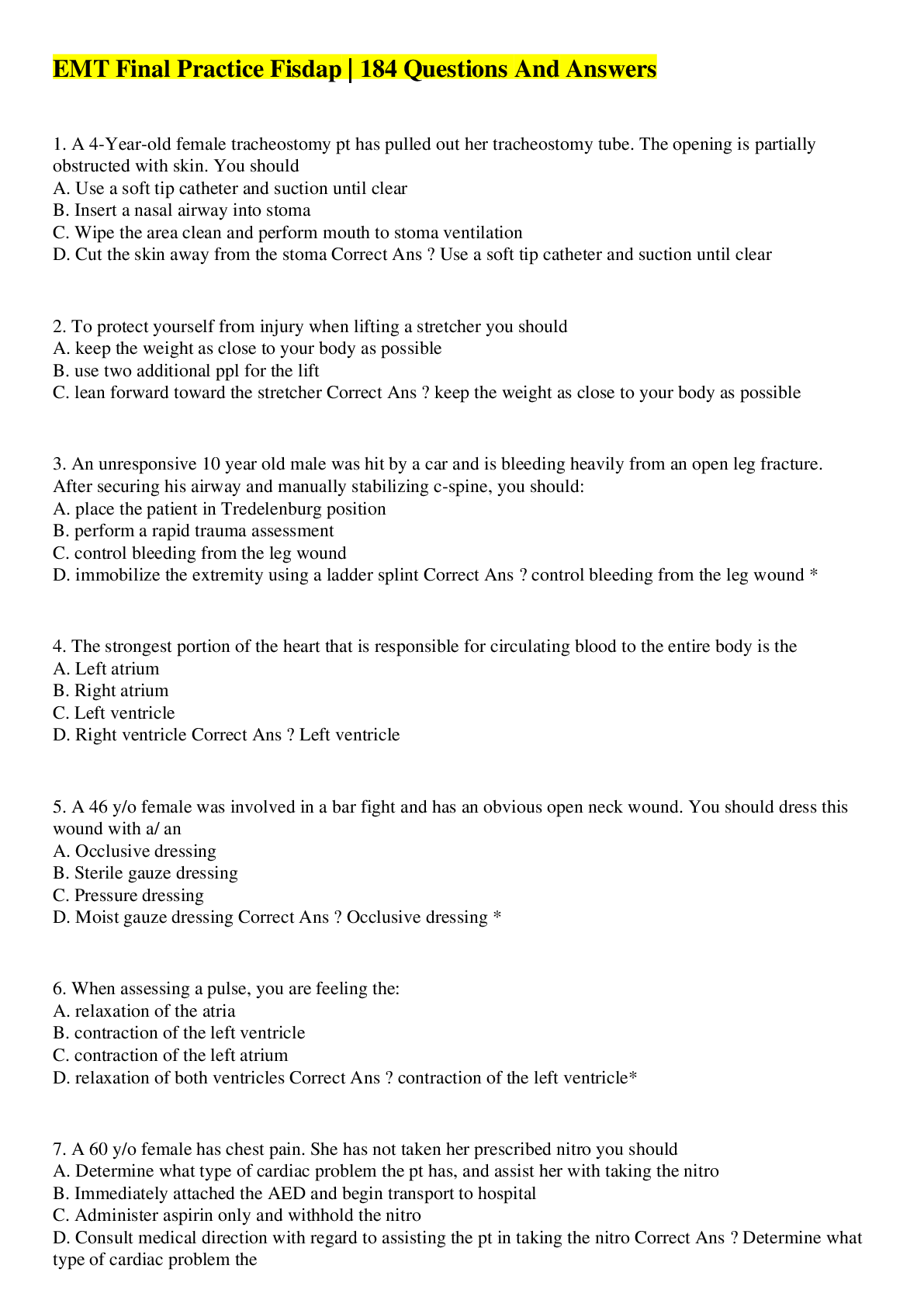 EMT Final Practice Fisdap | 184 Questions And Answers – Scholarfriends ...