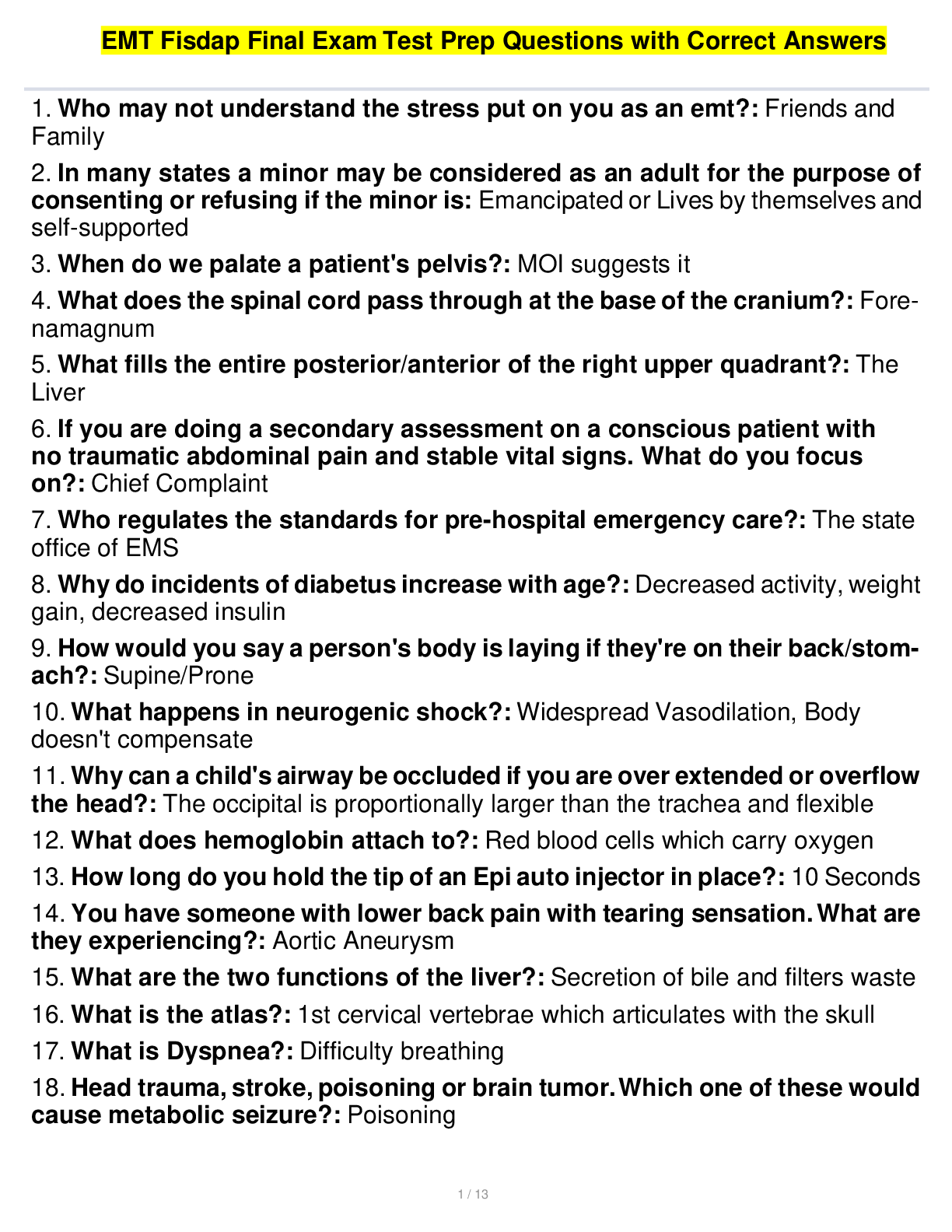 EMT Fisdap Final Exam Test Prep Questions with Correct Answers ...