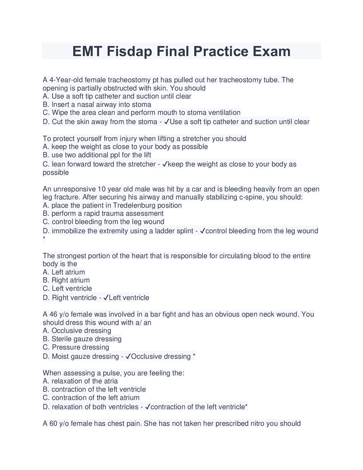 EMT Fisdap Final Practice Exam (Latest 2023/2024) Verified Questions ...