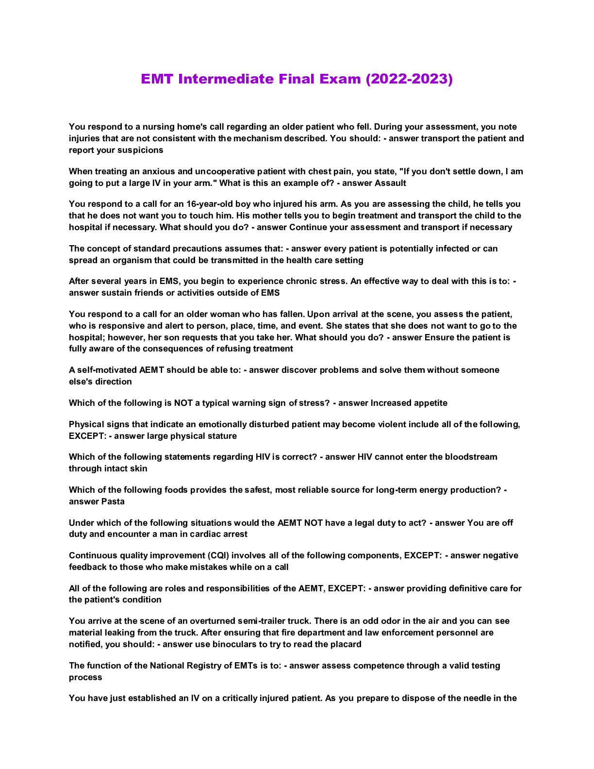 EMT Intermediate Final Exam (2022-2023) - Scholarfriends