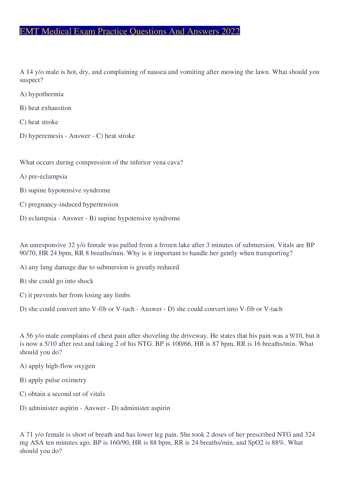 EMT Medical Exam Practice Questions And Answers 2022 - Scholarfriends