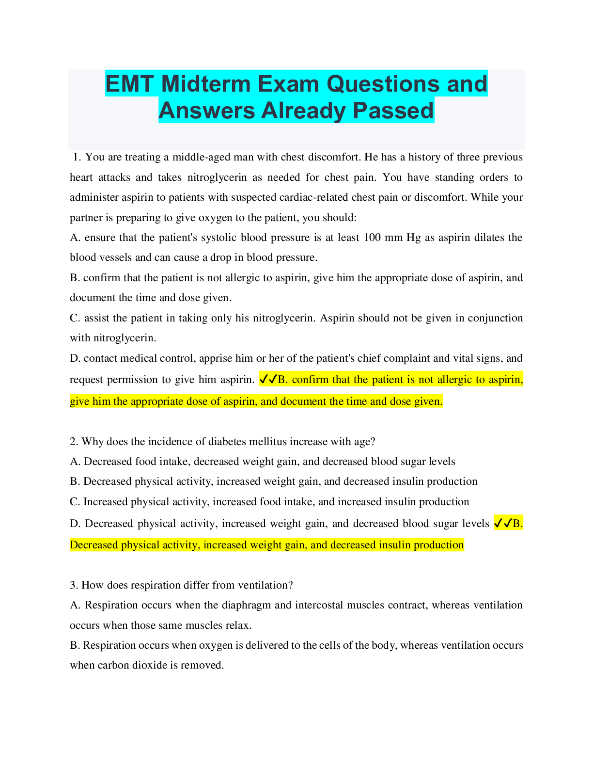 EMT Midterm Exam Questions and Answers Already Passed - Scholarfriends