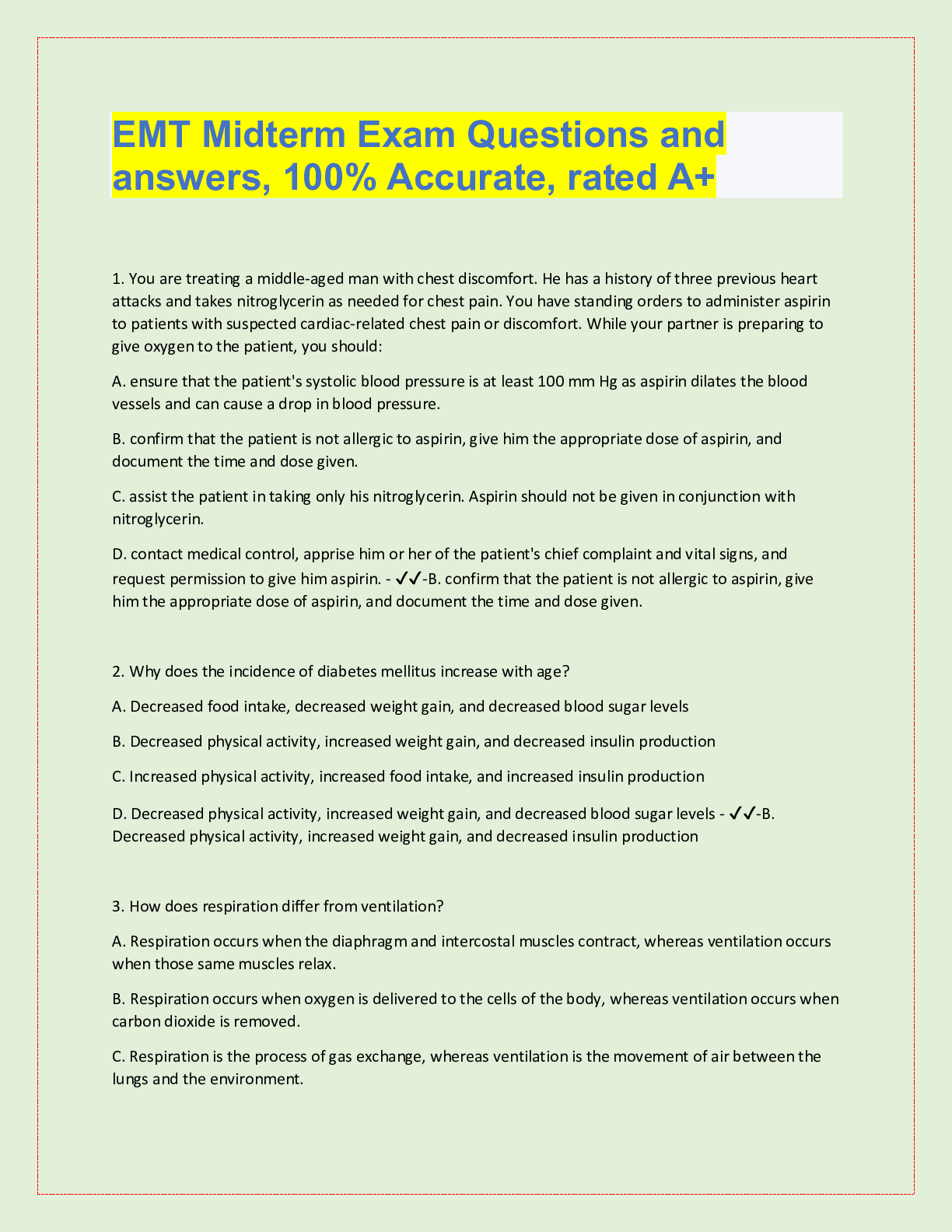 EMT Midterm Exam Questions and answers, 100% Accurate, rated A+ ...
