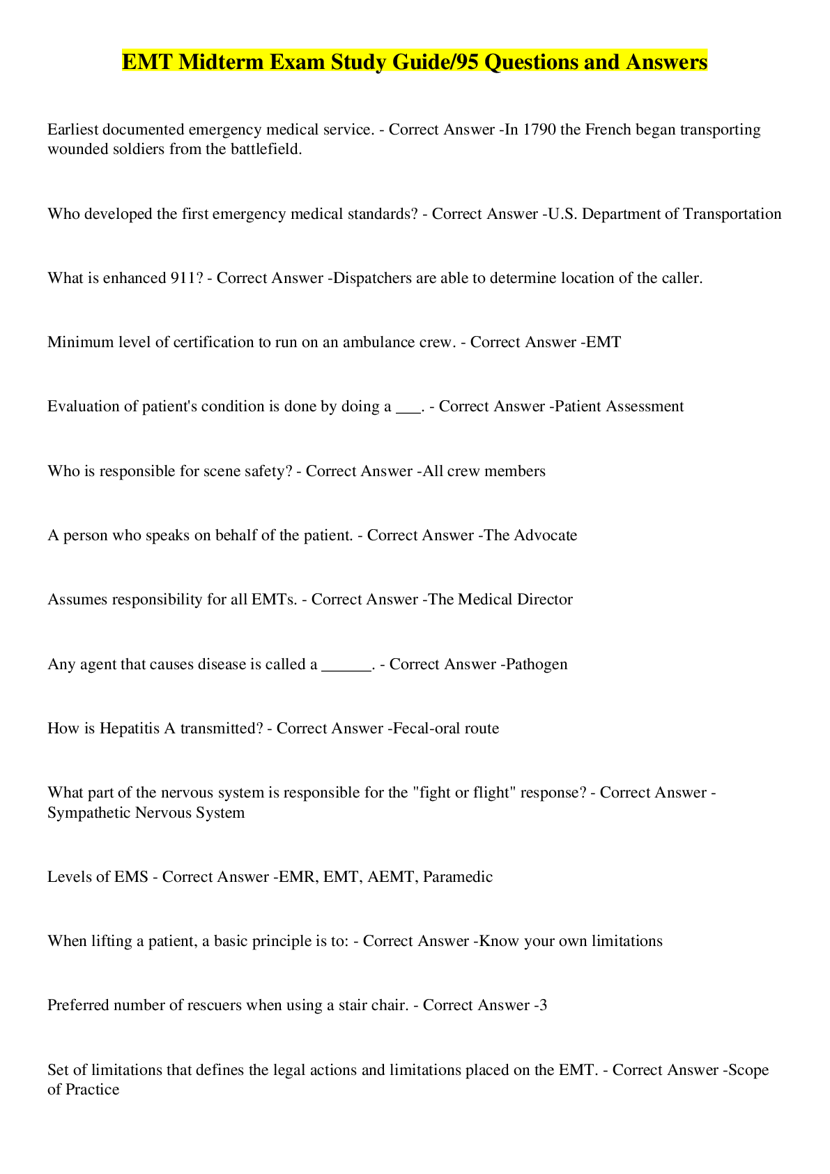 EMT Midterm Exam Study Guide 2022 with complete solution - Scholarfriends