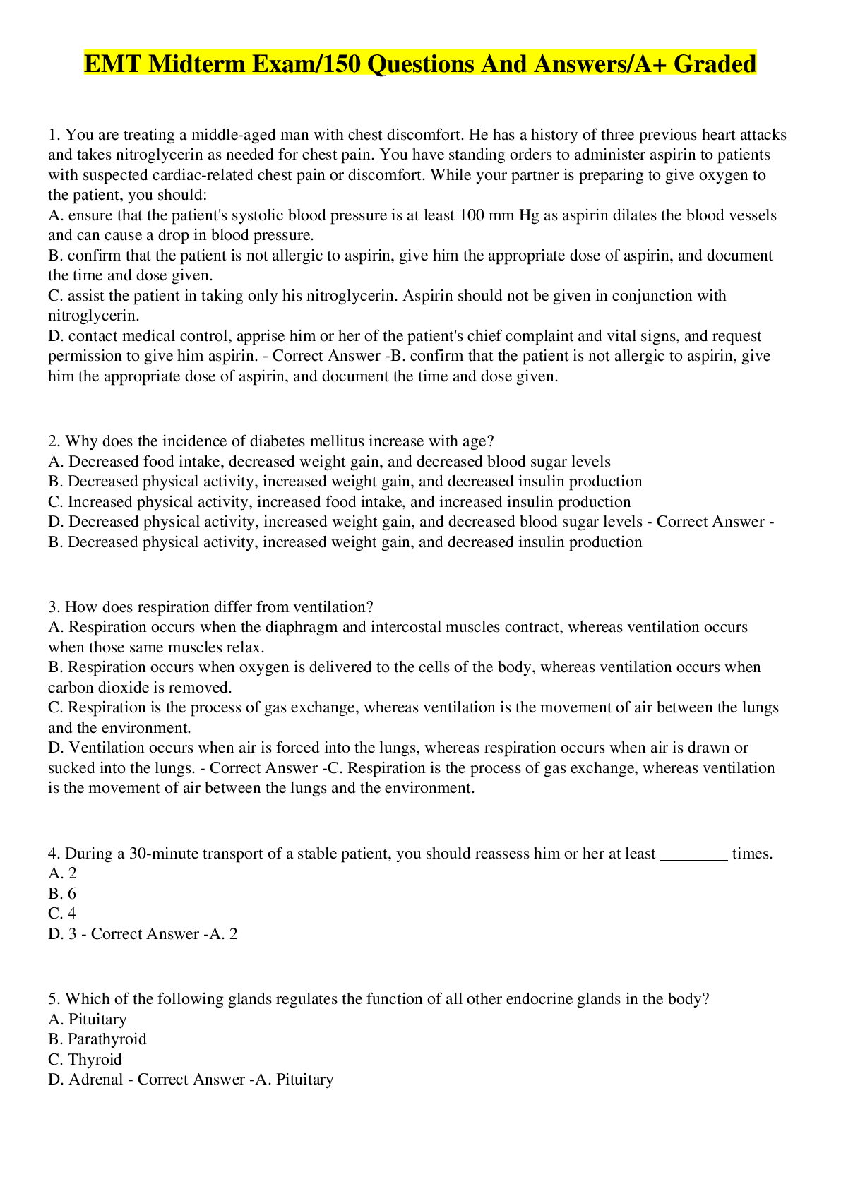 EMT Midterm Exam/ Questions & Answers/ A+ Guide Latest Solution ...