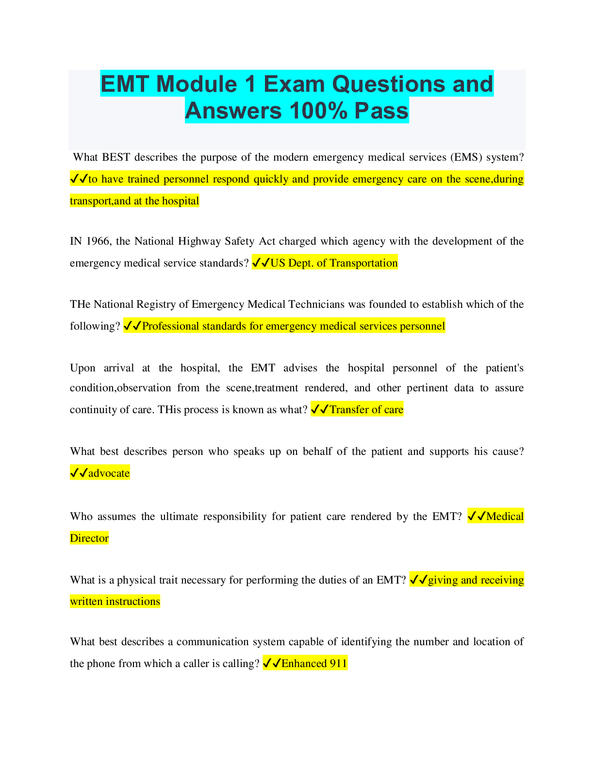 EMT Module 1 Exam Questions and Answers 100% Pass - Scholarfriends