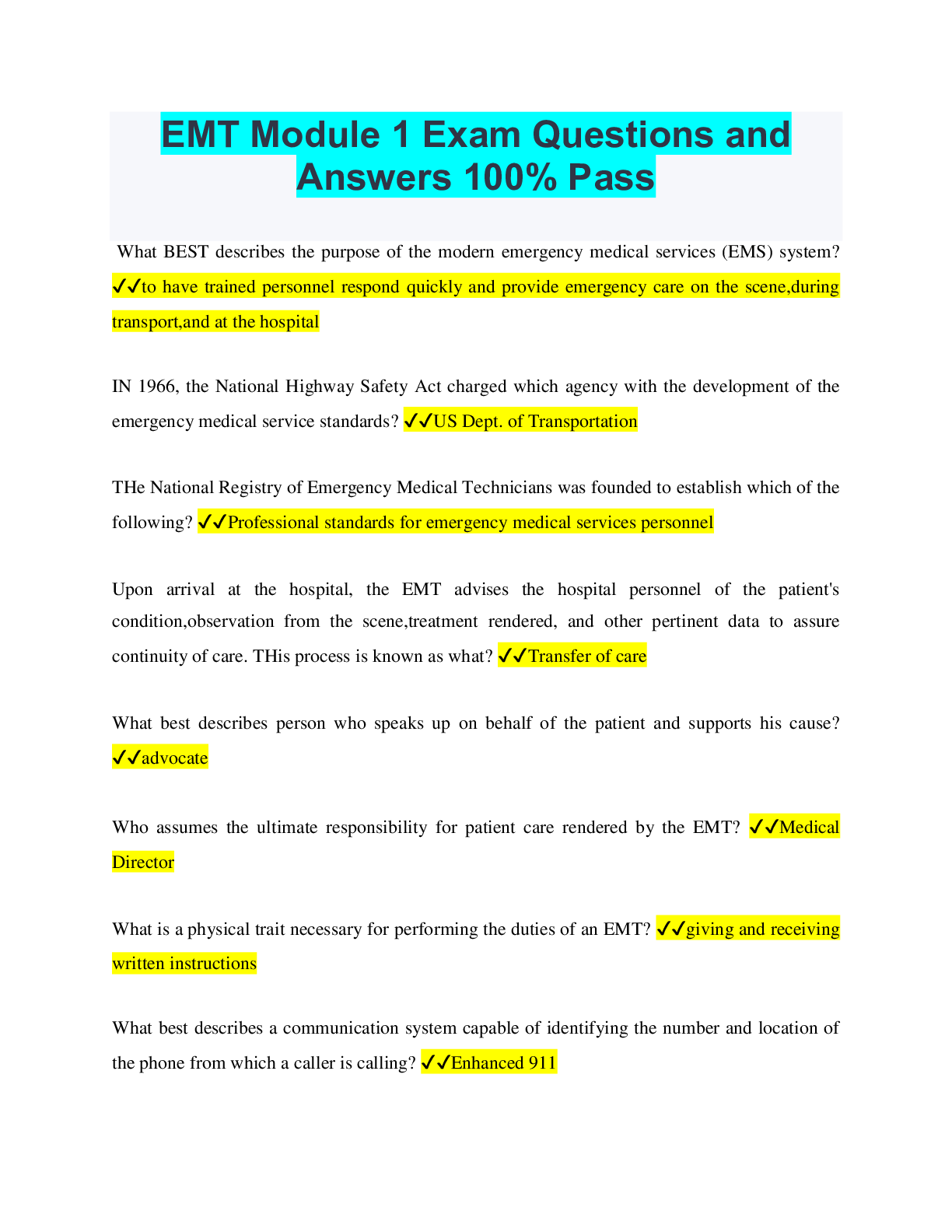 EMT Module 1 Exam Questions and Answers 100% Pass - Scholarfriends