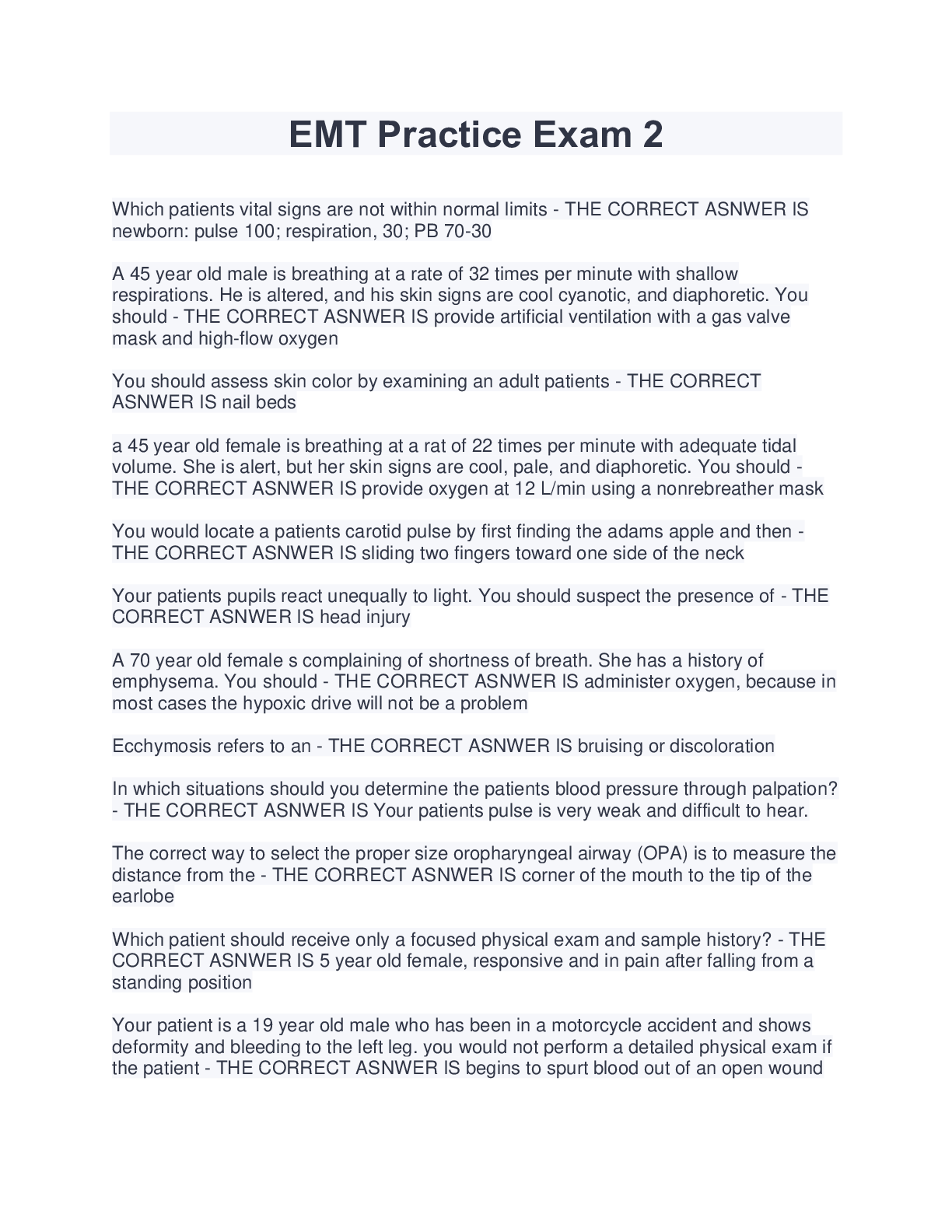 EMT Practice Exam 2 Questions (Already Graded A) 2022/2023 - Scholarfriends