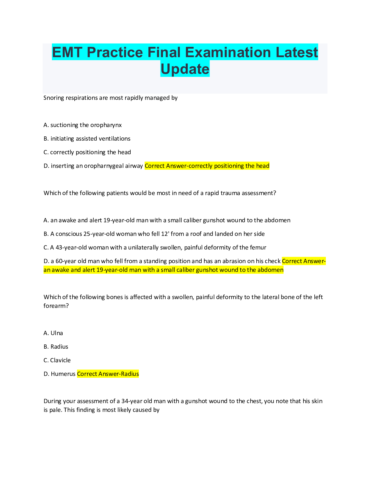 EMT Practice Final Examination Latest Update, 100% proven pass rate ...