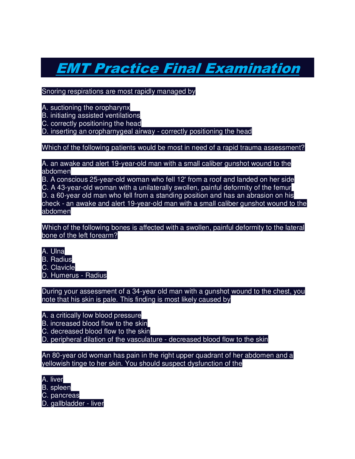 EMT Practice Final Examination Questions And Answers With Complete Top ...