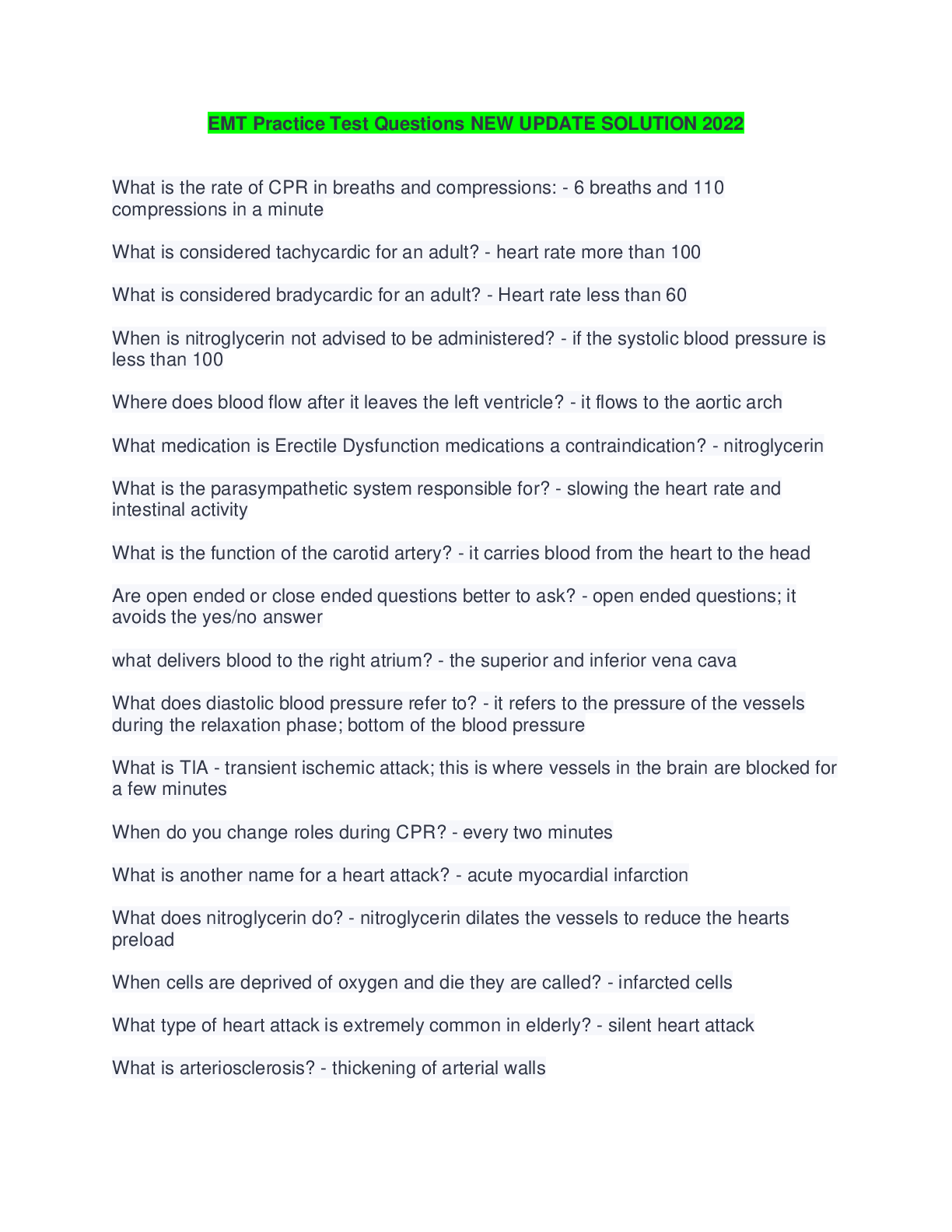 EMT Practice Test Questions NEW UPDATE SOLUTION 2022 - Scholarfriends