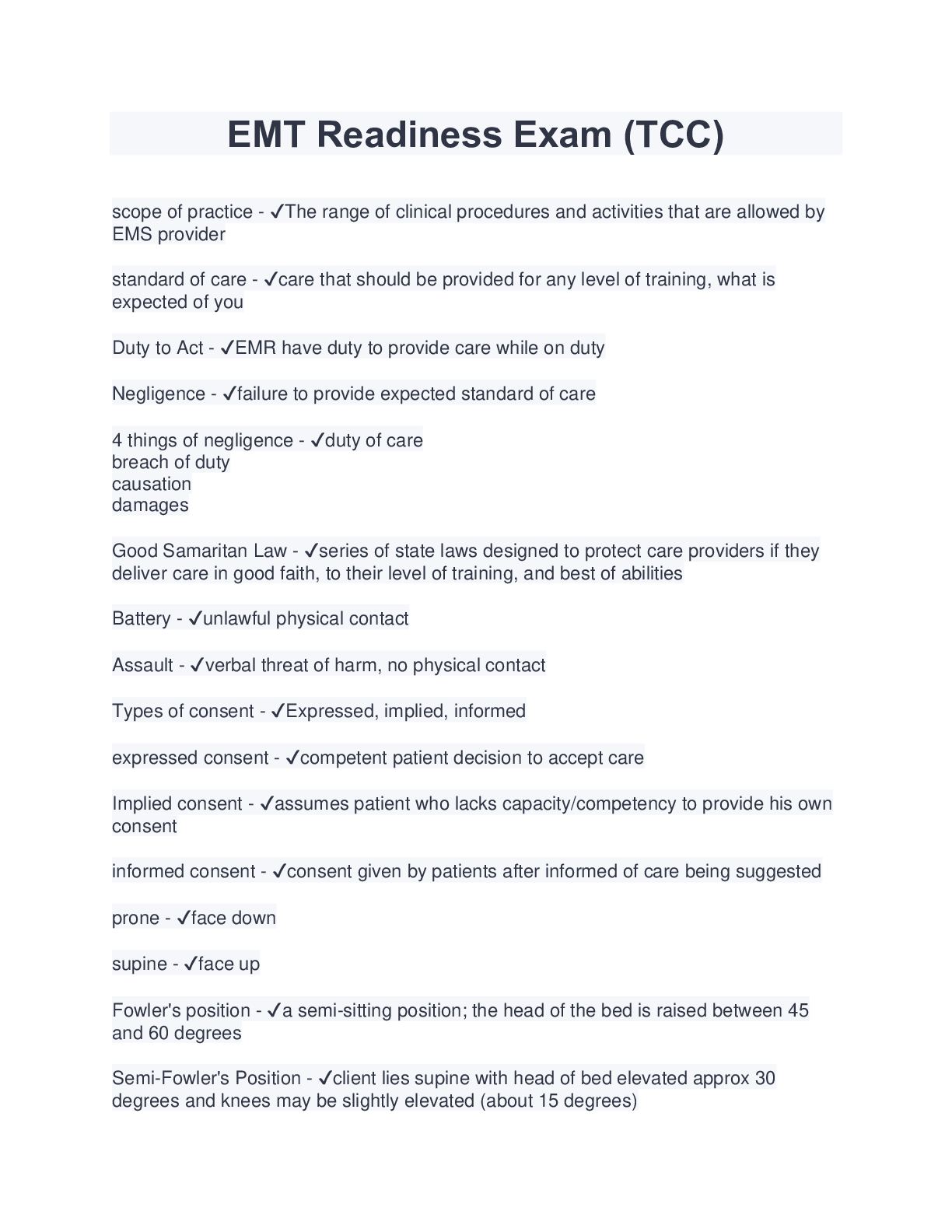 EMT Readiness Exam (TCC) Latest 2023/2024 Complete Solutions ...