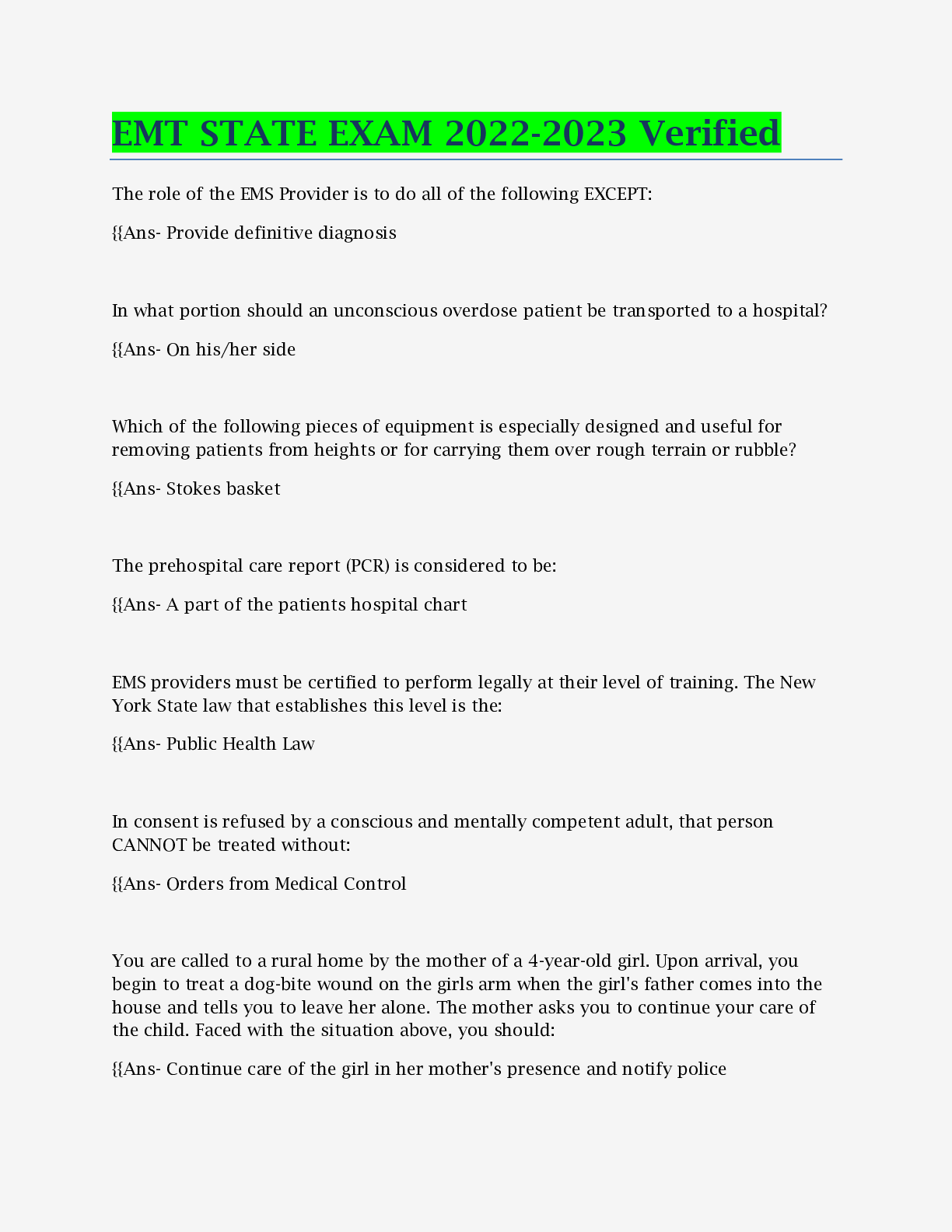 EMT STATE EXAM 2022-2023 Verified - Scholarfriends