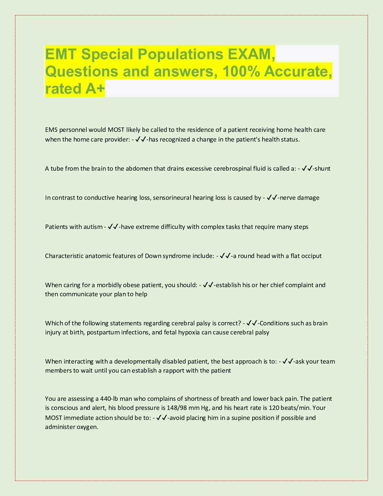 EMT Special Populations EXAM, Questions and answers, 100% Accurate ...