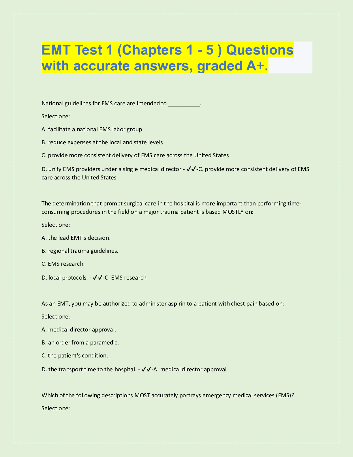 EMT Test 1 ( Chapters 1 - 5 ) Questions and answers, 2022 update ...