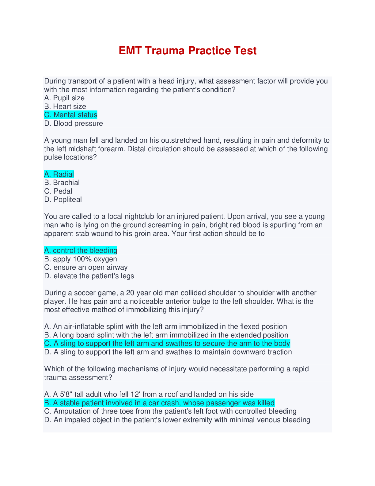 EMT Trauma Practice Test - Questions and Answers - Scholarfriends
