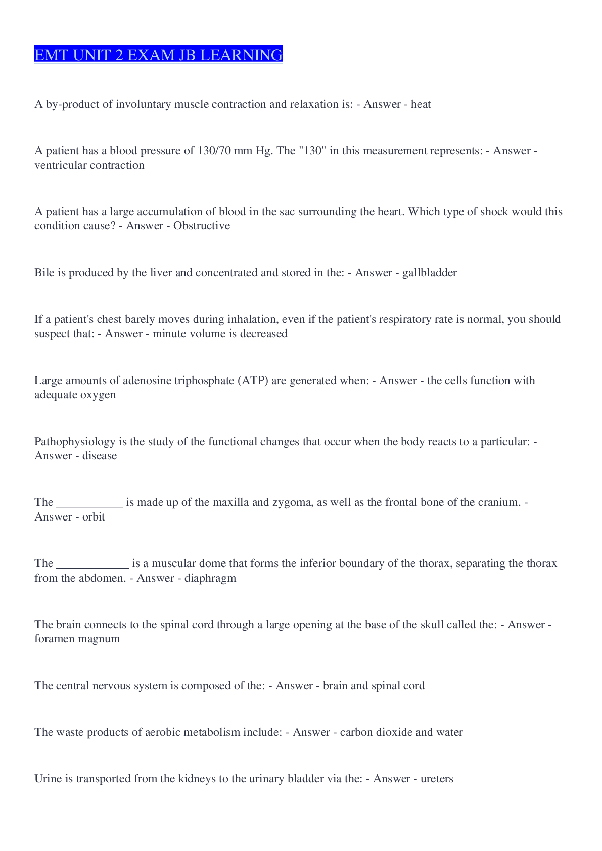 EMT UNIT 2 EXAM JB LEARNING Questions And Answers 2022/2023 ...