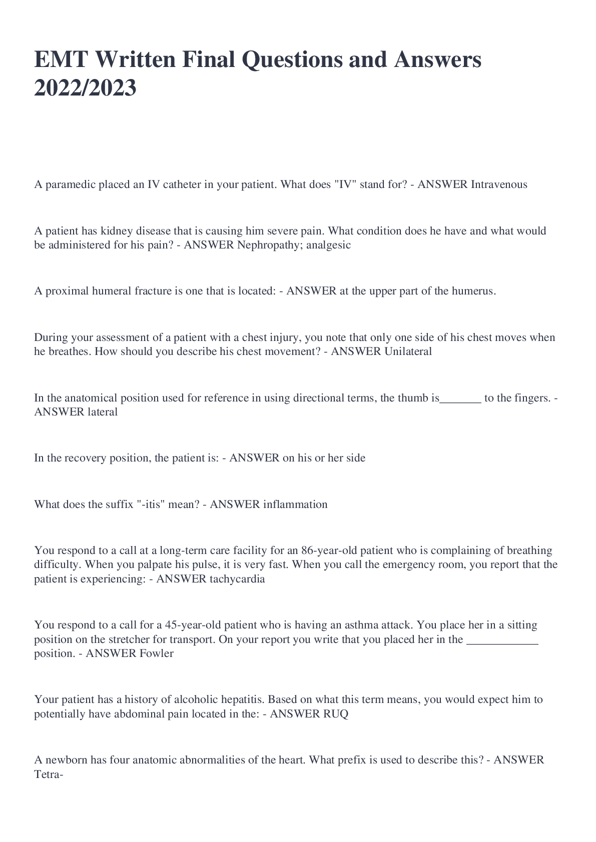 EMT Written Final Questions and Answers 2022/2023 - Scholarfriends