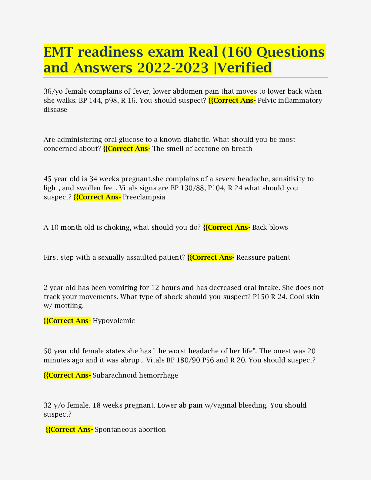 EMT readiness exam Real (160 Questions and Answers 2022-2023 |Verified ...